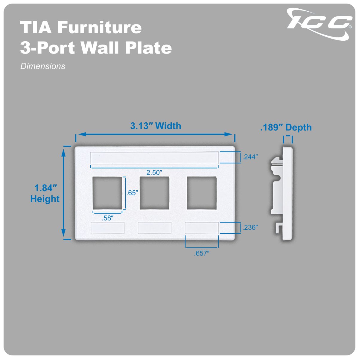 ICC Modular Furniture Faceplate with 3 Ports, TIA Cutout Compatible, 1 ...