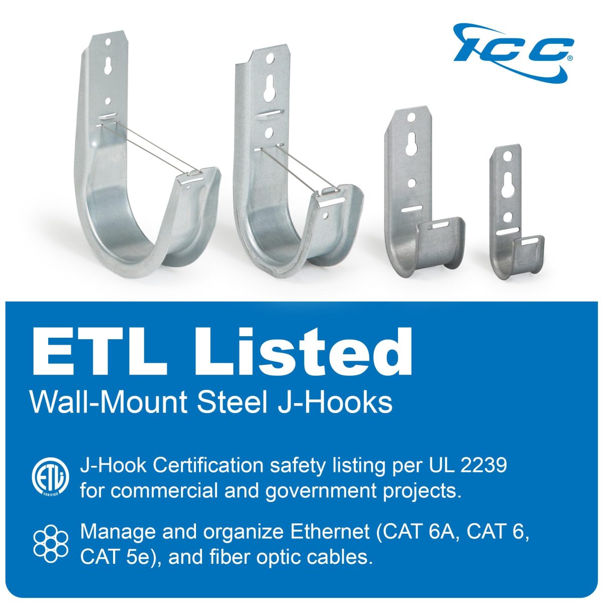 ICC Wall Mount J Hook 2” with Retainer Clip - Galvanized Steel Cable ...