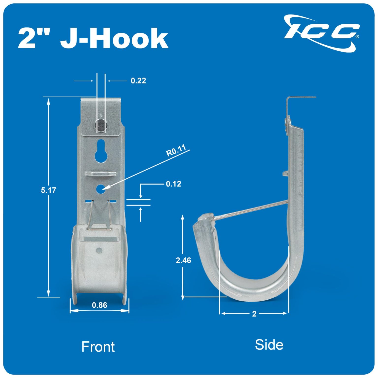 ICC Ceiling Mount J Hook 2” with Retainer Clip - Galvanized Steel Cable ...