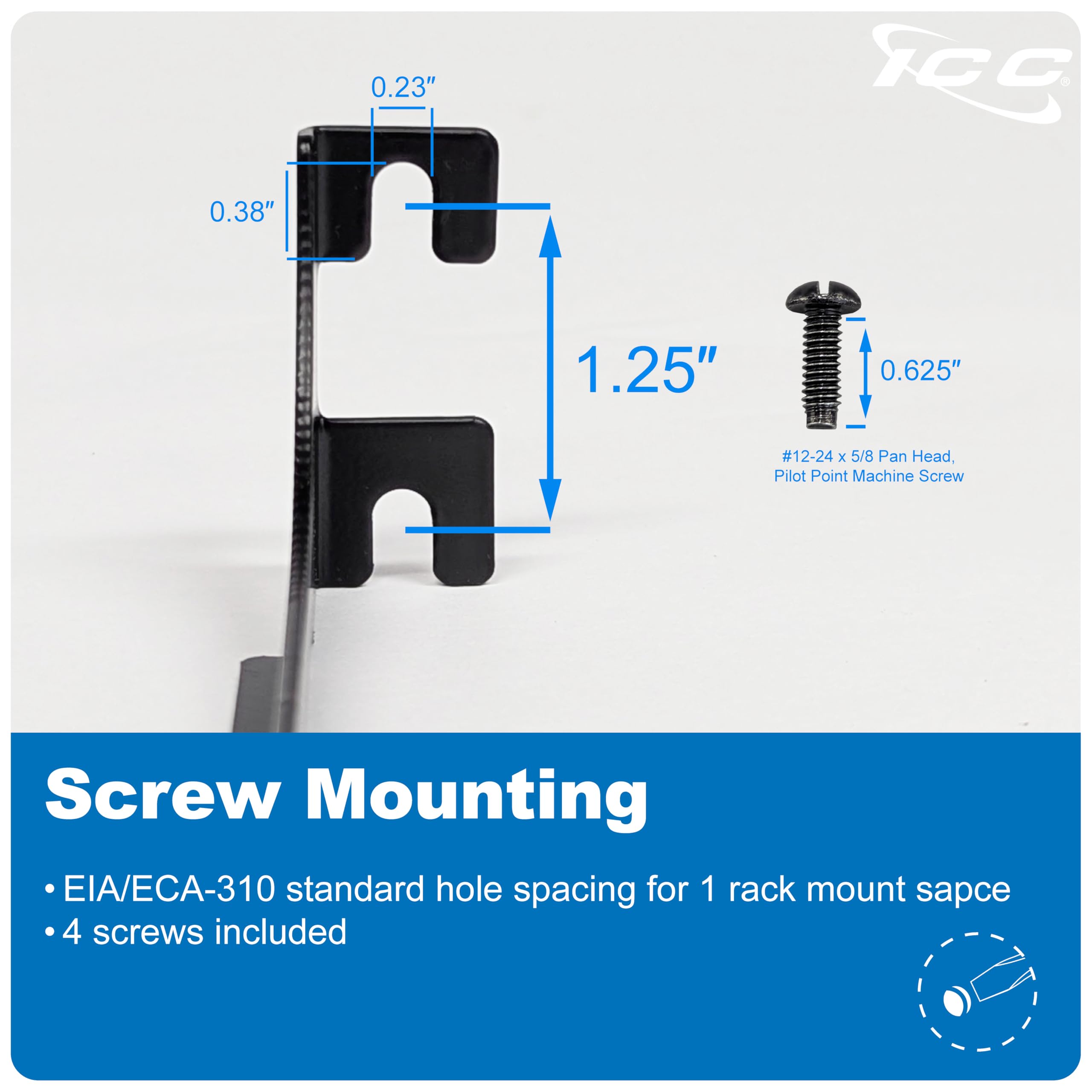 ICC Cable Manager Bracket Panel, 1U Rack Mount Space, Black Powder Coat ...