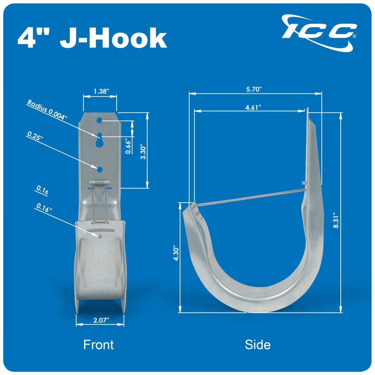 ICC Wall Mount J Hook 4” with Retainer Clip - Galvanized Steel Cable ...