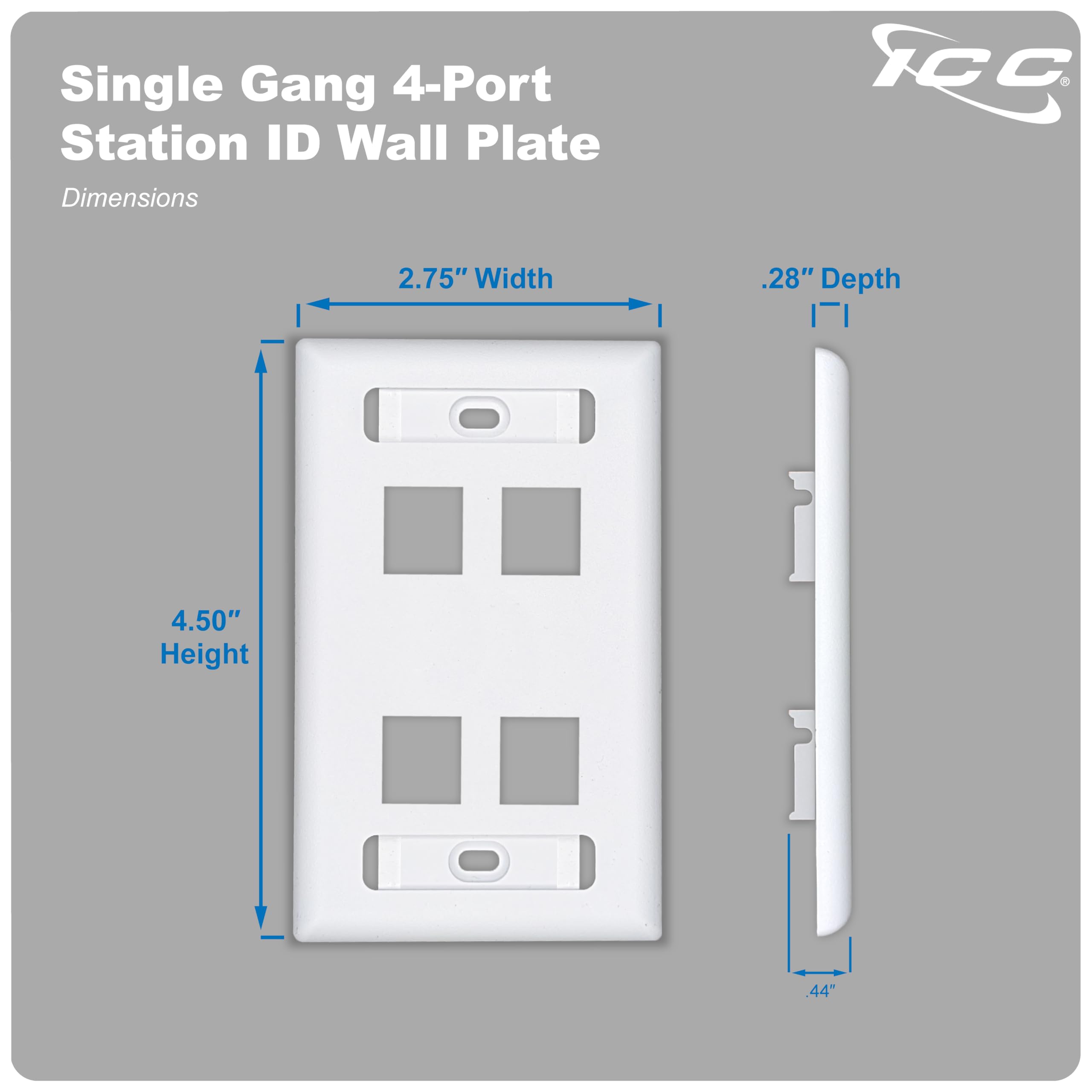 ICC Station ID Wall Plate with 4 Ports, Single Gang, UL Listed, ABS ...