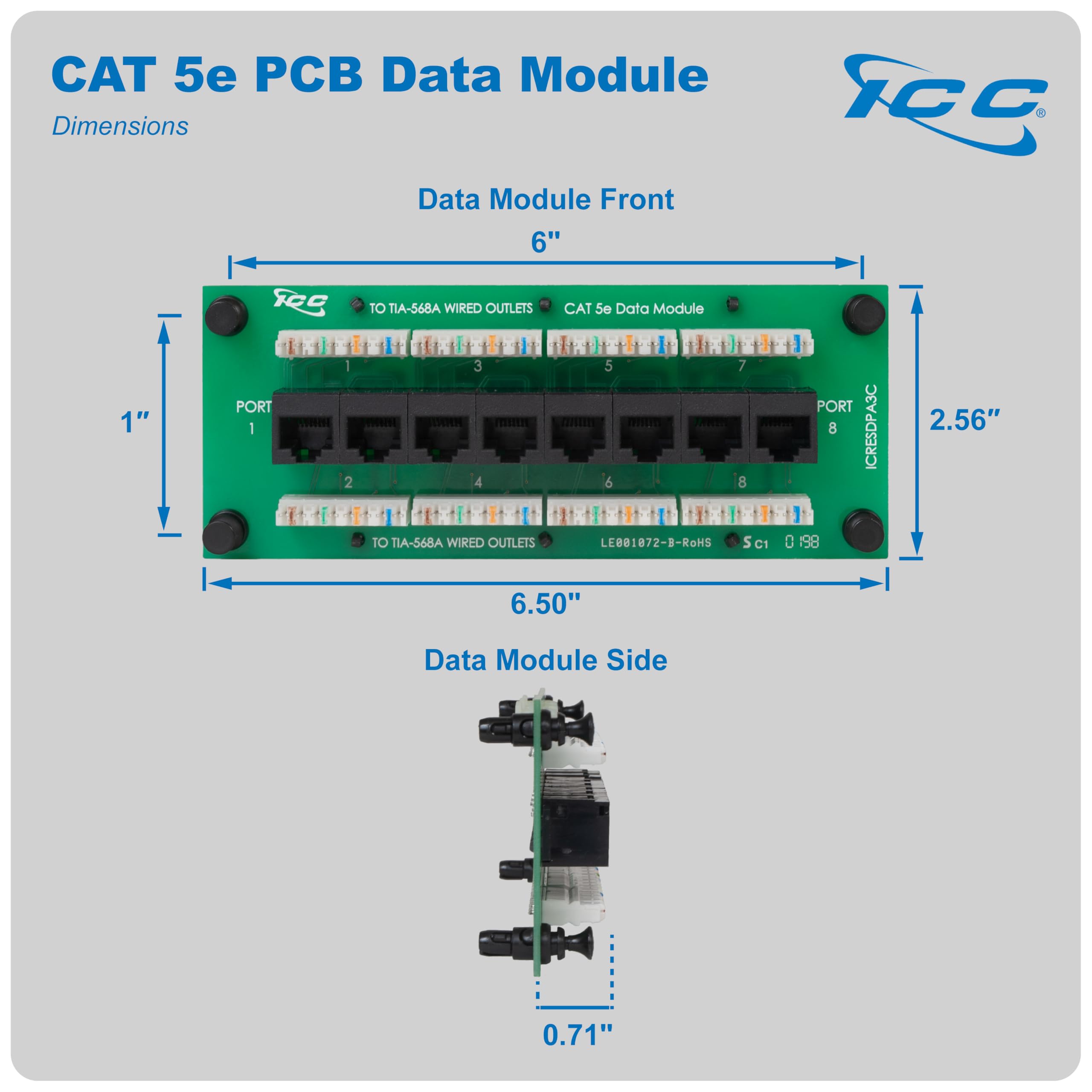 ICC CAT5e Data Module, 8 Ports, UL Listed & PoE++ Rated, Compact Series ...
