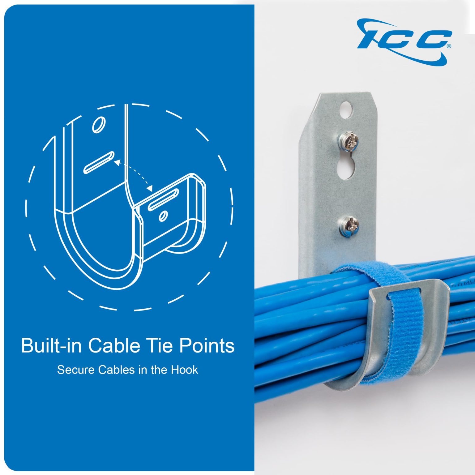 ICC Wall Mount J Hook 2” with Retainer Clip - Galvanized Steel Cable ...