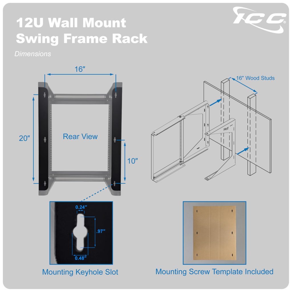 ICC 12U Wall Mount 19″ Swing Frame Server Rack – Open Frame Rack with ...
