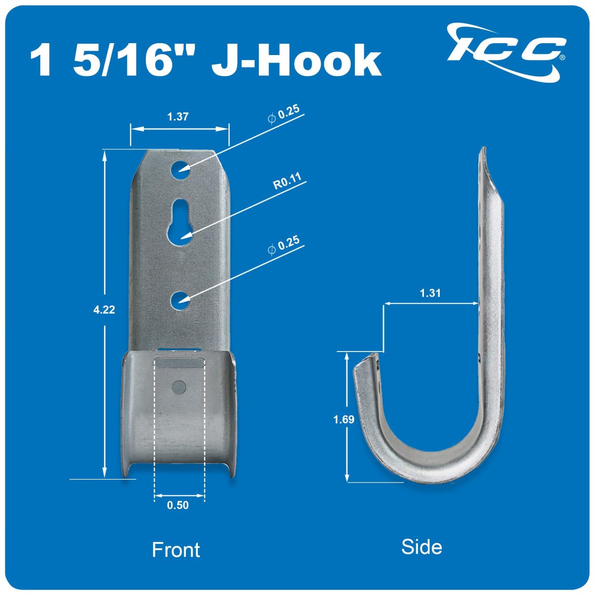 ICC Wall Mount J Hook 1 5/16” Without Retainer Clip - Galvanized Steel ...