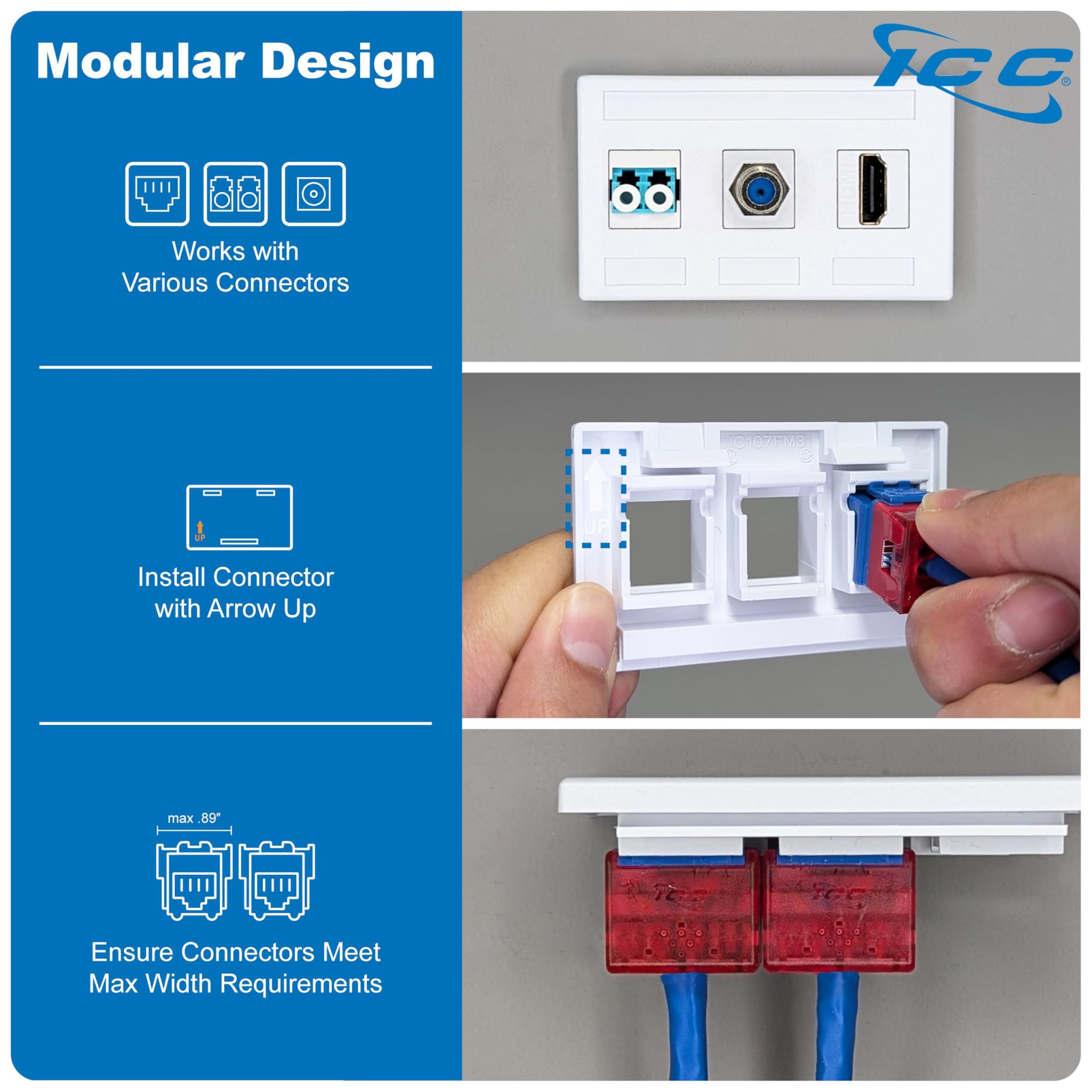 ICC Modular Furniture Faceplate with 3 Ports, TIA Cutout Compatible, 1 ...