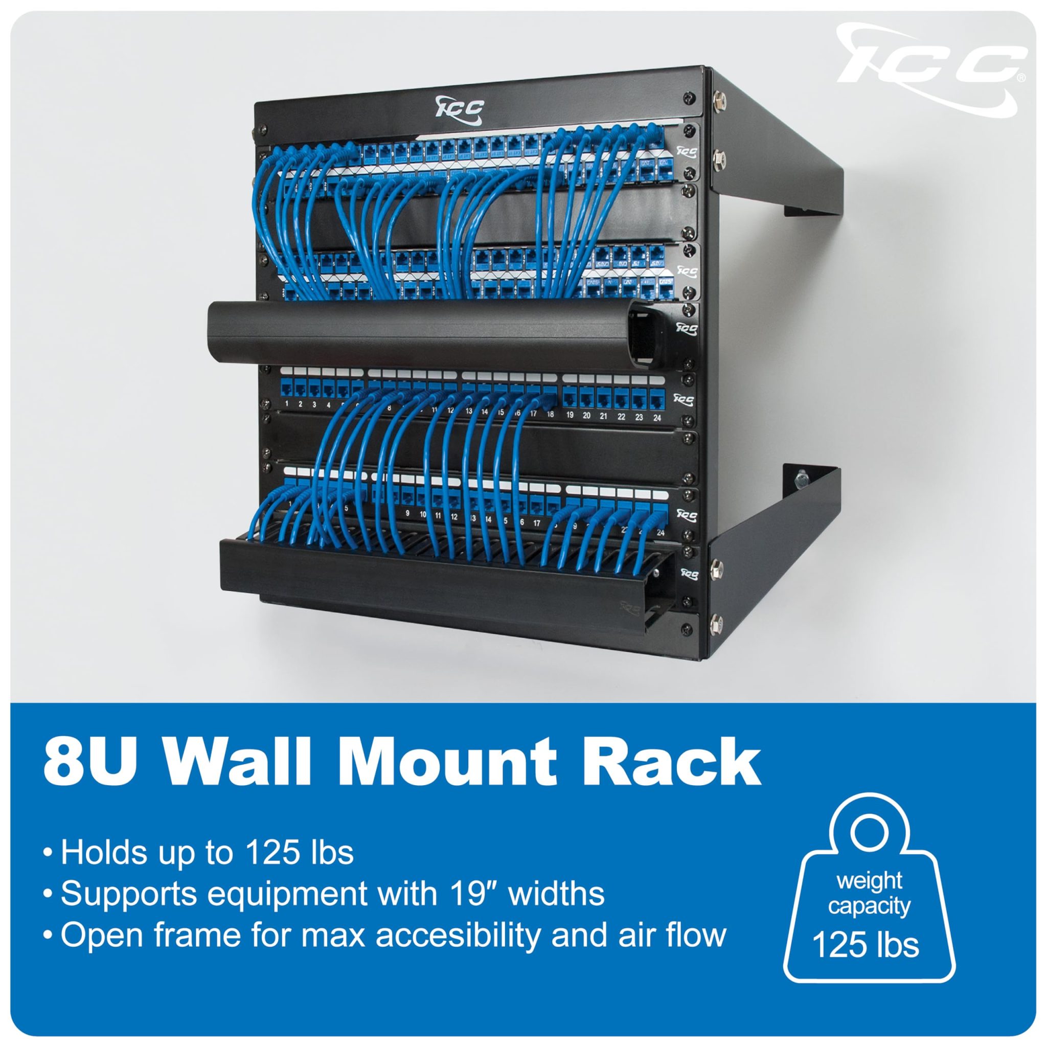 ICC 8U Wall Mount 19″ Open Frame Server Rack – 18″ Deep Cold-Rolled ...