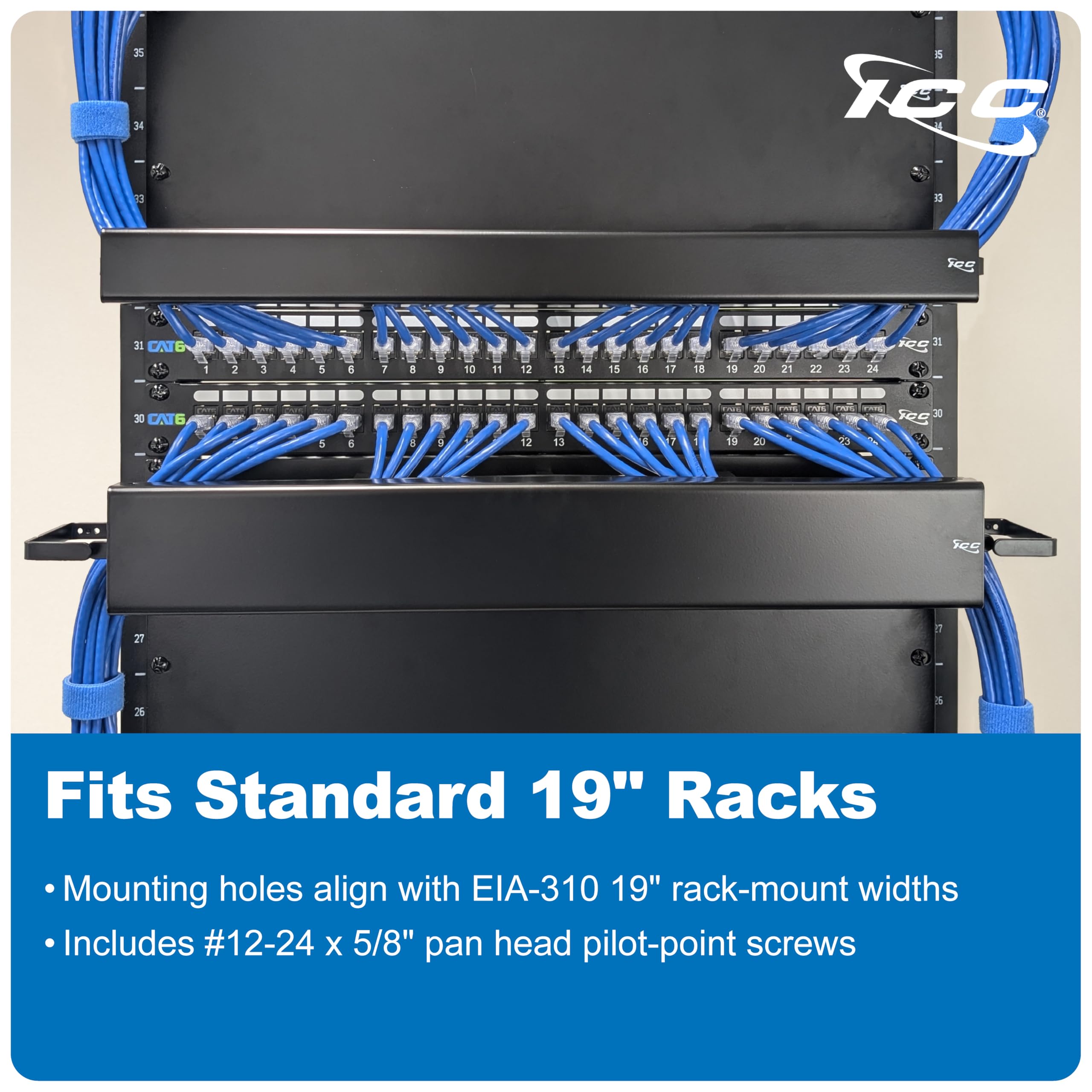 ICC 1U Ring Cable Manager Panel with Cover, Metal, 3" Cable ...