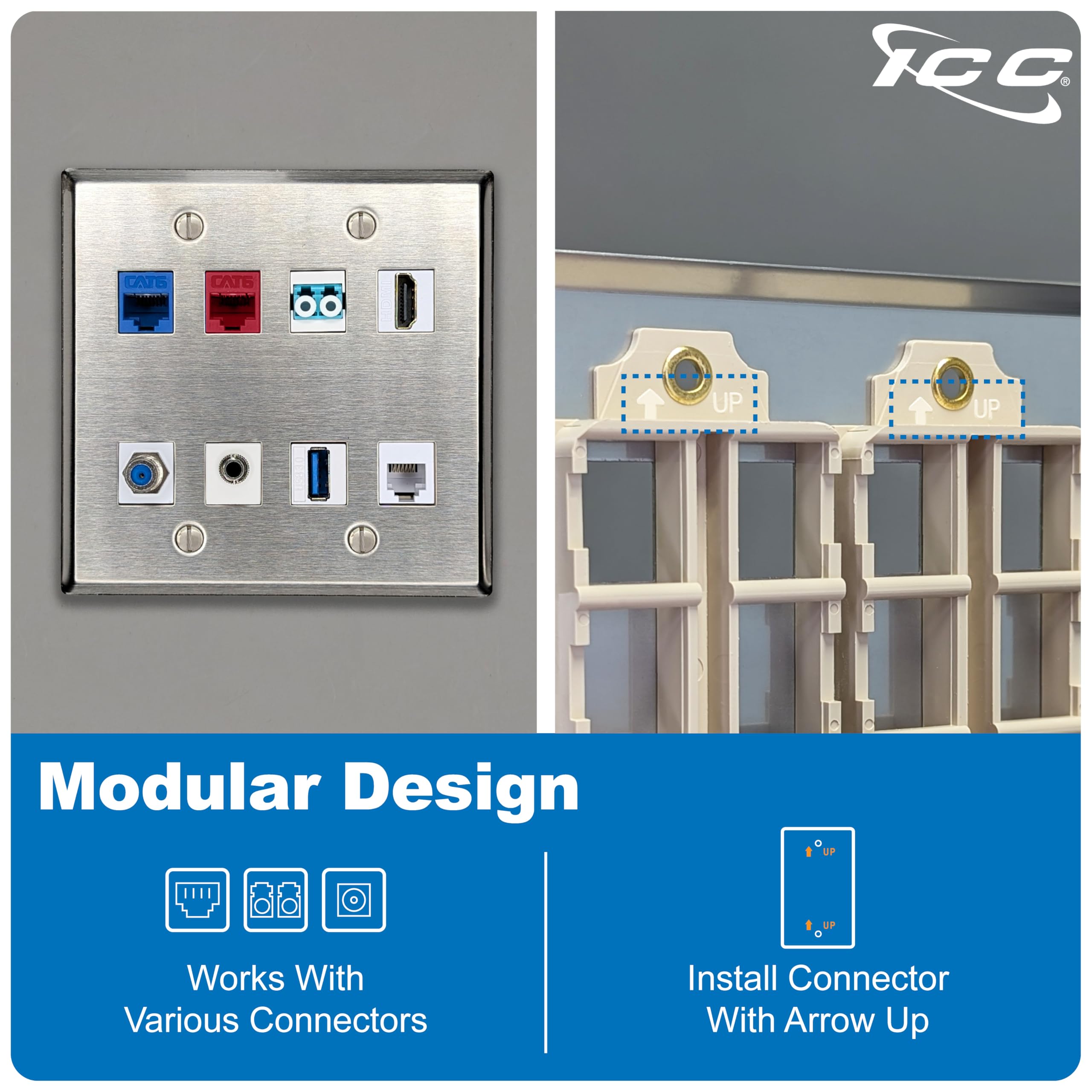 ICC 8-Port Keystone Wall Plate (1 Pack), UL Listed, Stainless Steel, 2 ...