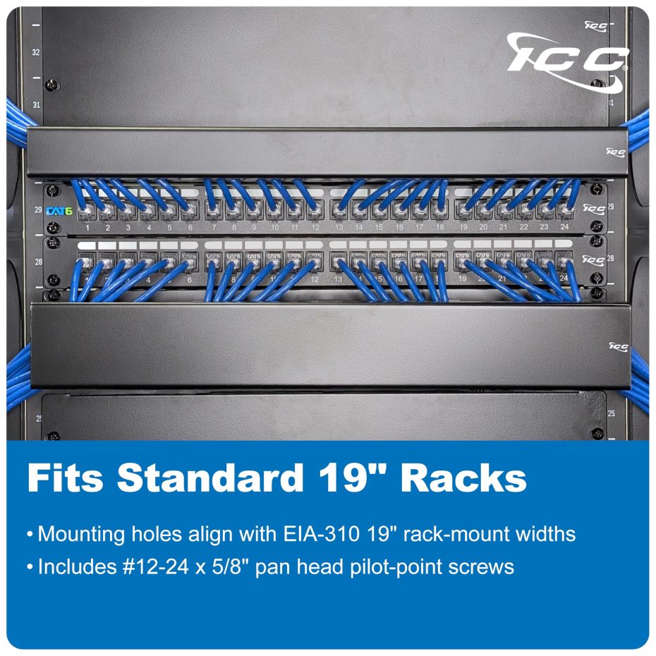 ICC 1U Ring Cable Manager Panel with Cover, Metal, 3" D-Rings ...