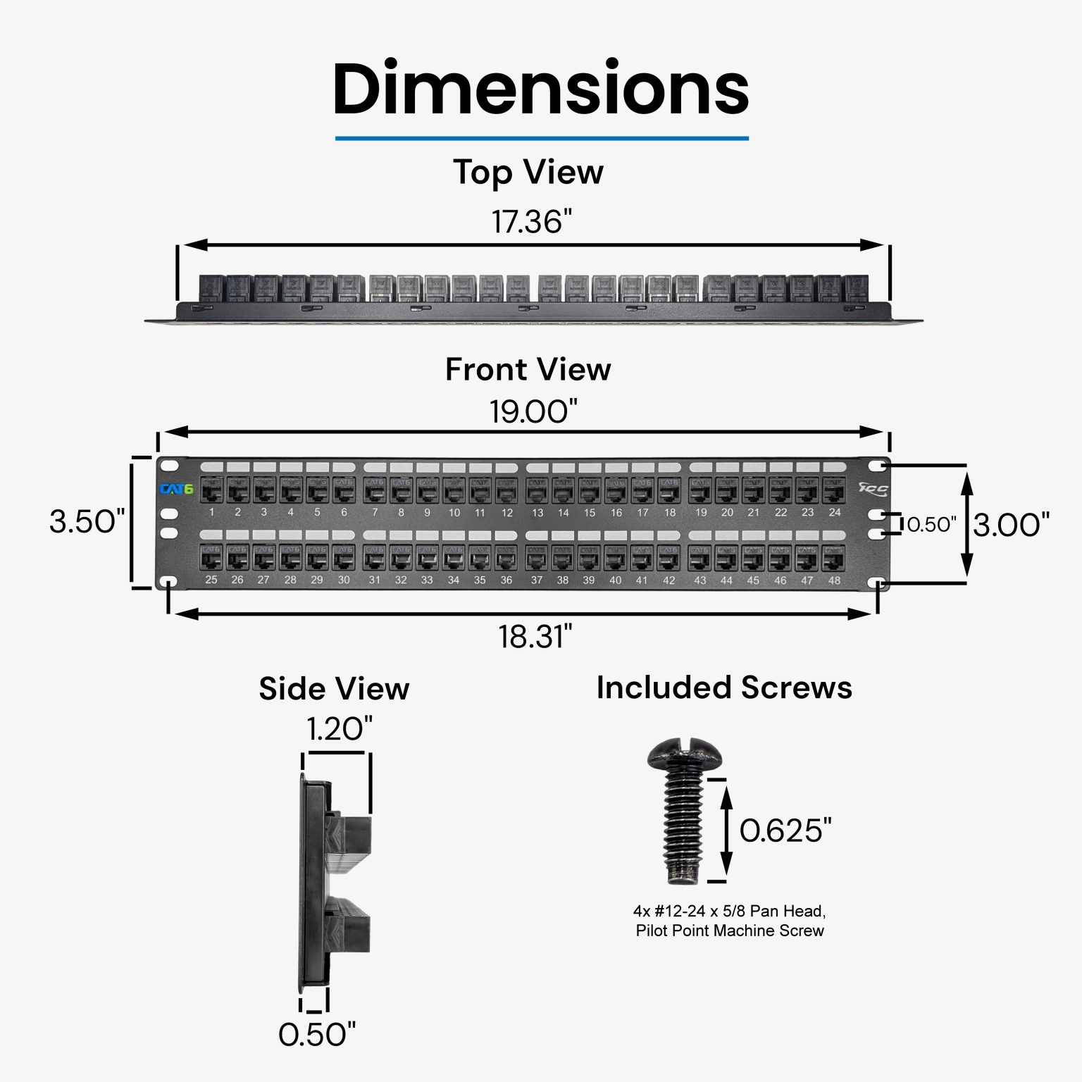 ICC CAT6 Feed-Through Patch Panel, 48 Port, 2U Rackmount, RJ45 Ethernet ...