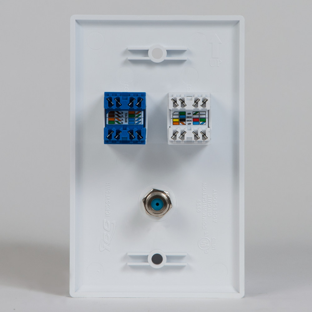Faceplate IDC with RJ-11 6P6C, RJ-45 CAT5e Data, and F-Type in White - ICC