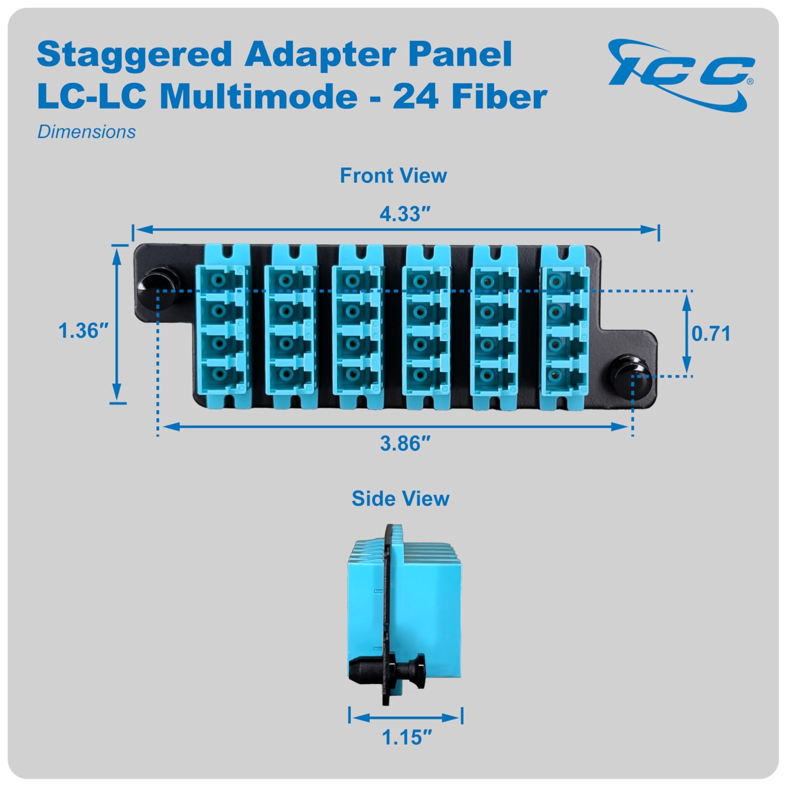 ICC HD LC-LC Fiber Optic Adapter Panel, 24 Fibers, Multimode 10G, Aqua ...