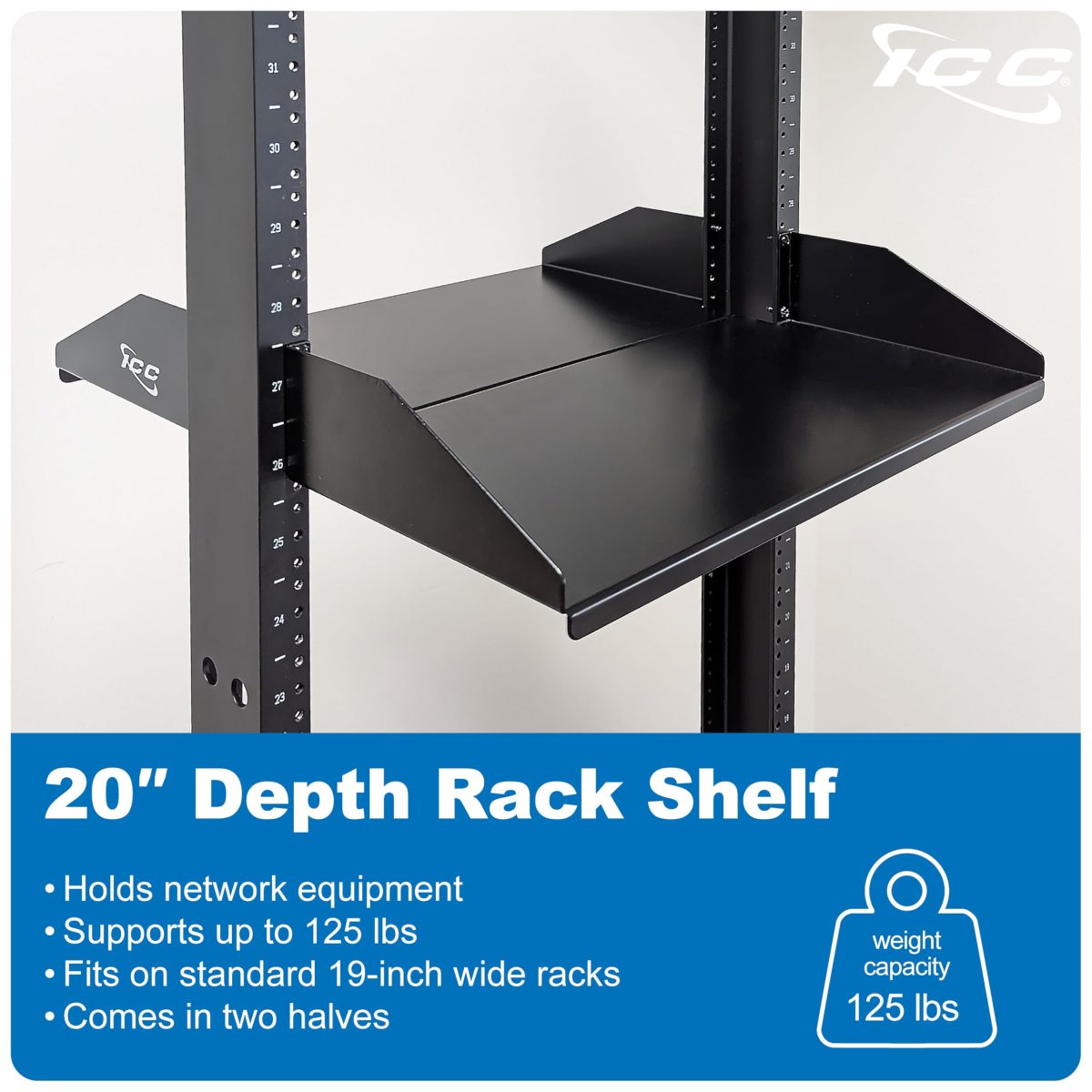 ICC 2U Center-Mount Rack Shelf, Heavy-Duty Solid Steel Tray for 19 ...