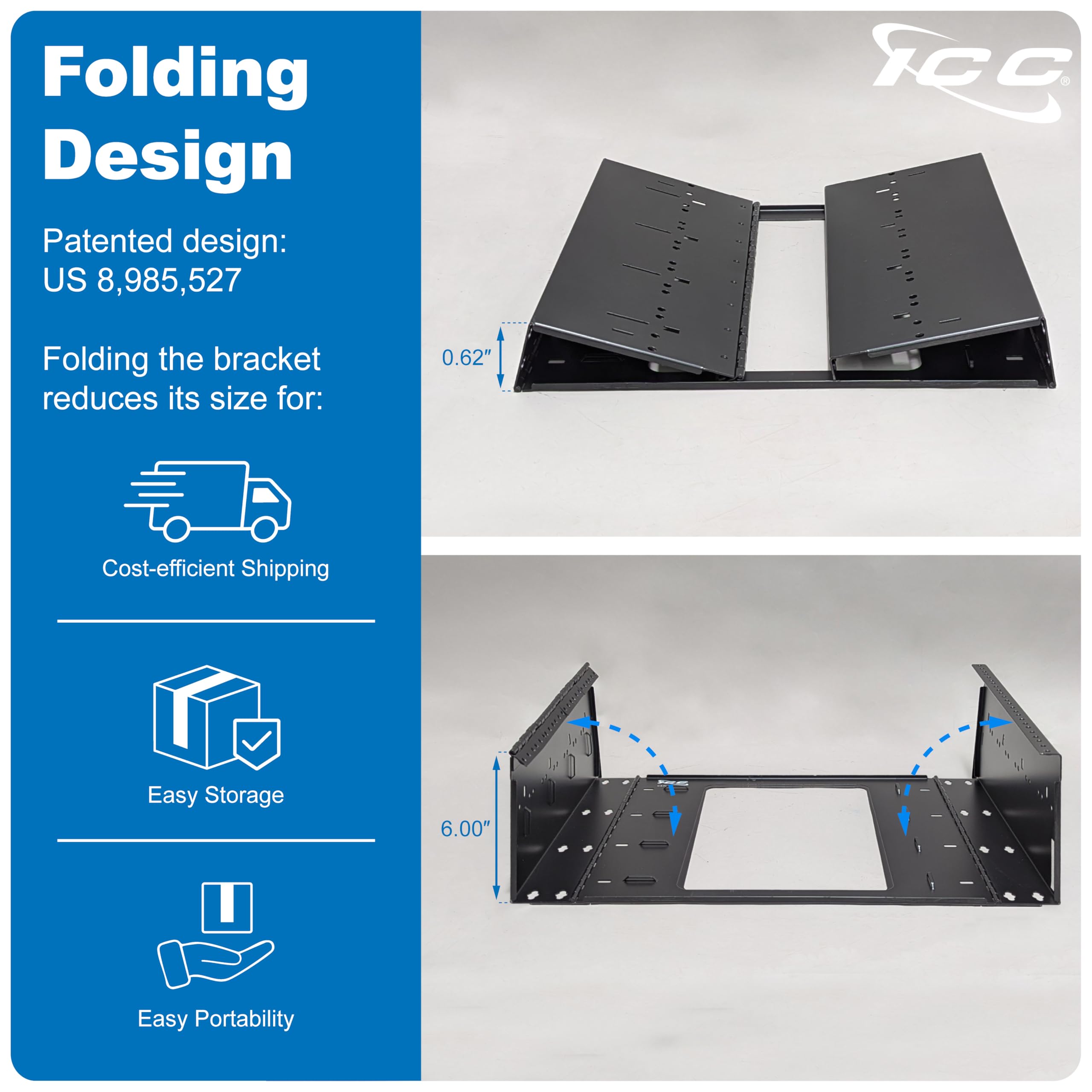 ICC Wall Mount Bracket, 8 RMS, 6″ Depth, EZ®‑Fold Hinged Arms, 80 lbs ...