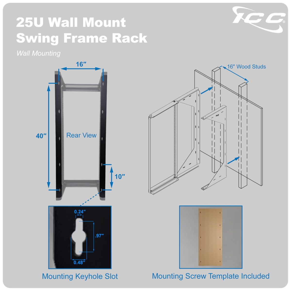 ICC 25U Wall Mount 19″ Swing Frame Server Rack – Open Frame Rack with ...