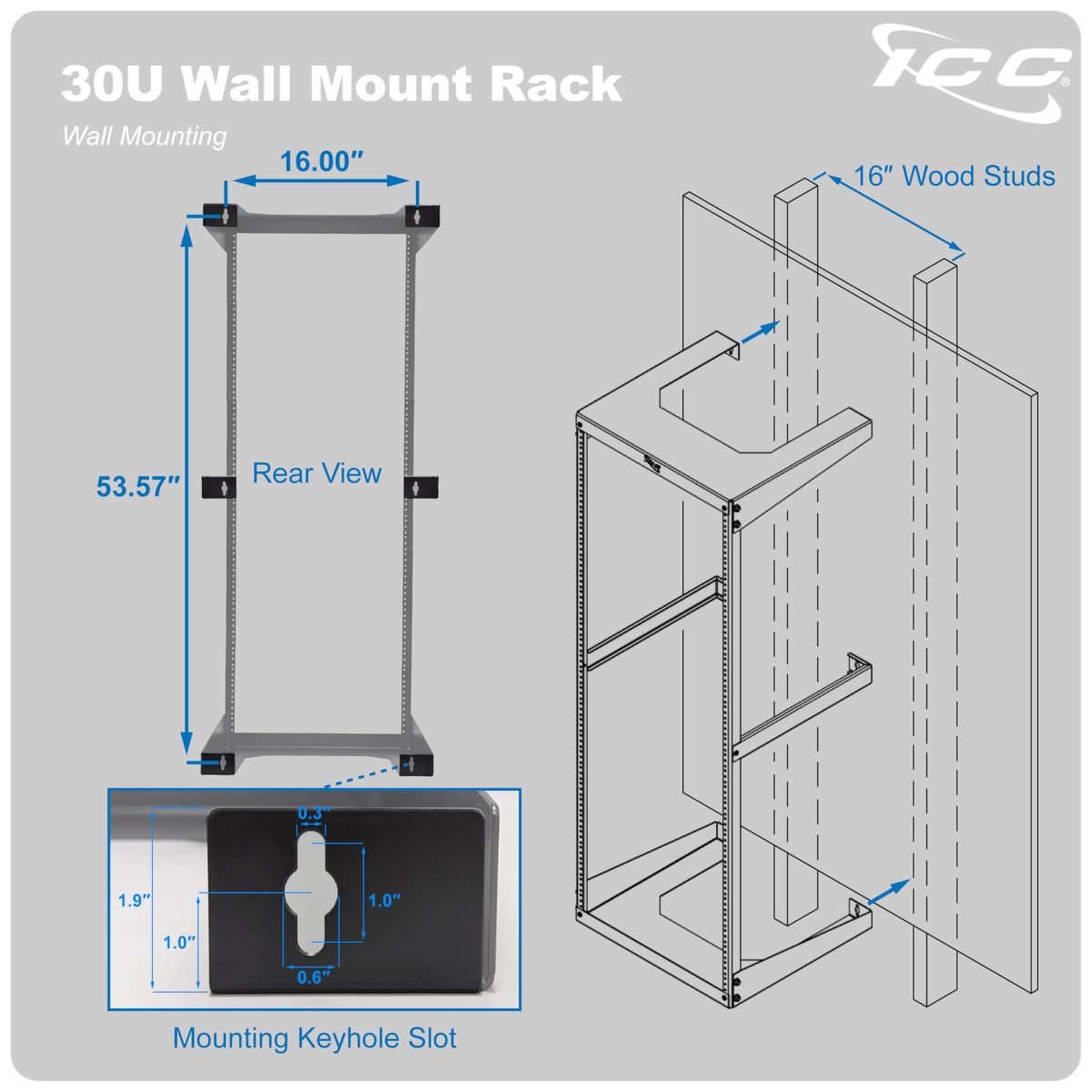 ICC 30U Wall Mount 19″ Open Frame Server Rack – 18″ Deep Cold-Rolled ...