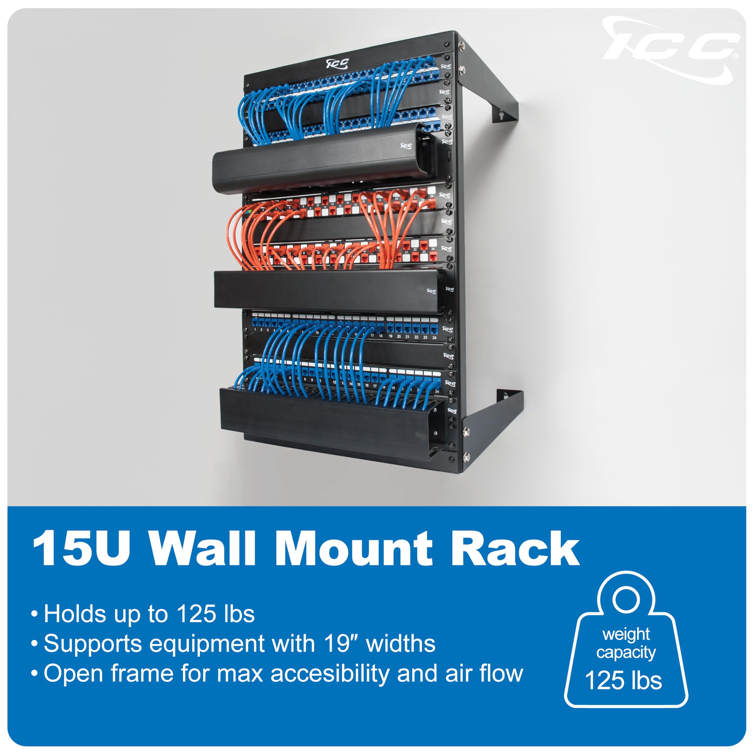 ICC 15U Wall Mount 19″ Open Frame Server Rack – 18″ Deep Cold-Rolled ...