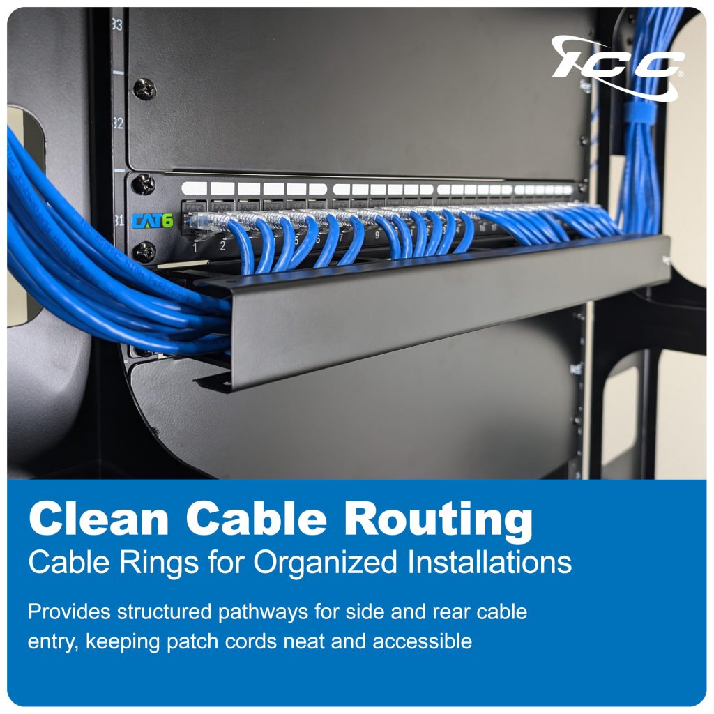 ICC 1U Ring Cable Manager Panel with Cover, Metal, 3" D-Rings ...