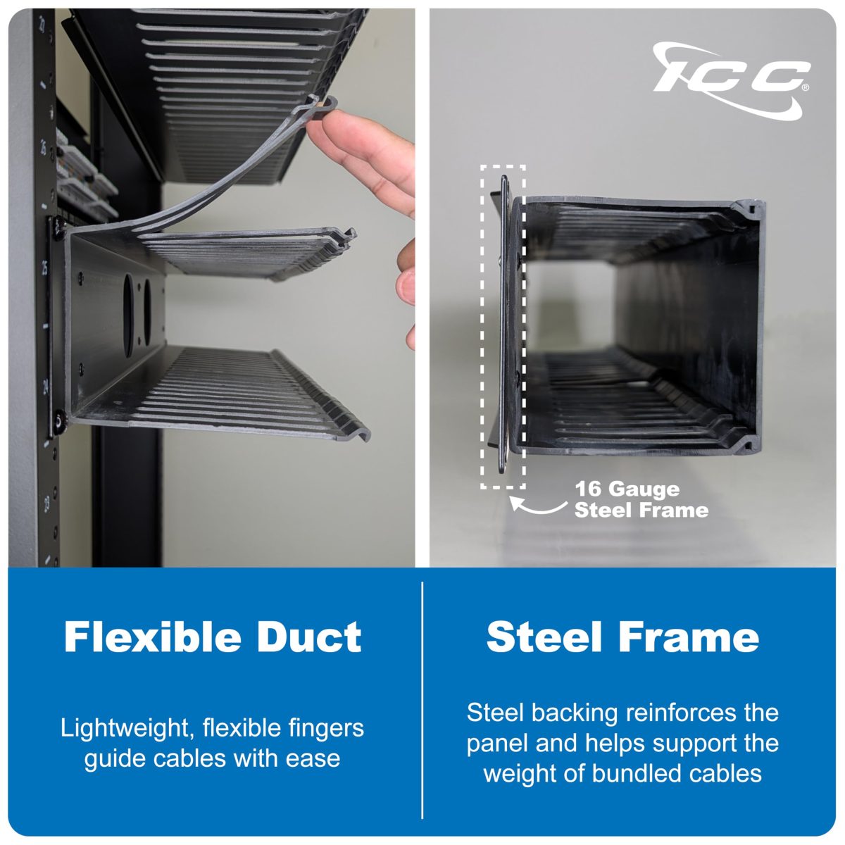ICC 2U Finger Duct Cable Manager Panel with Cover, Plastic with Metal ...