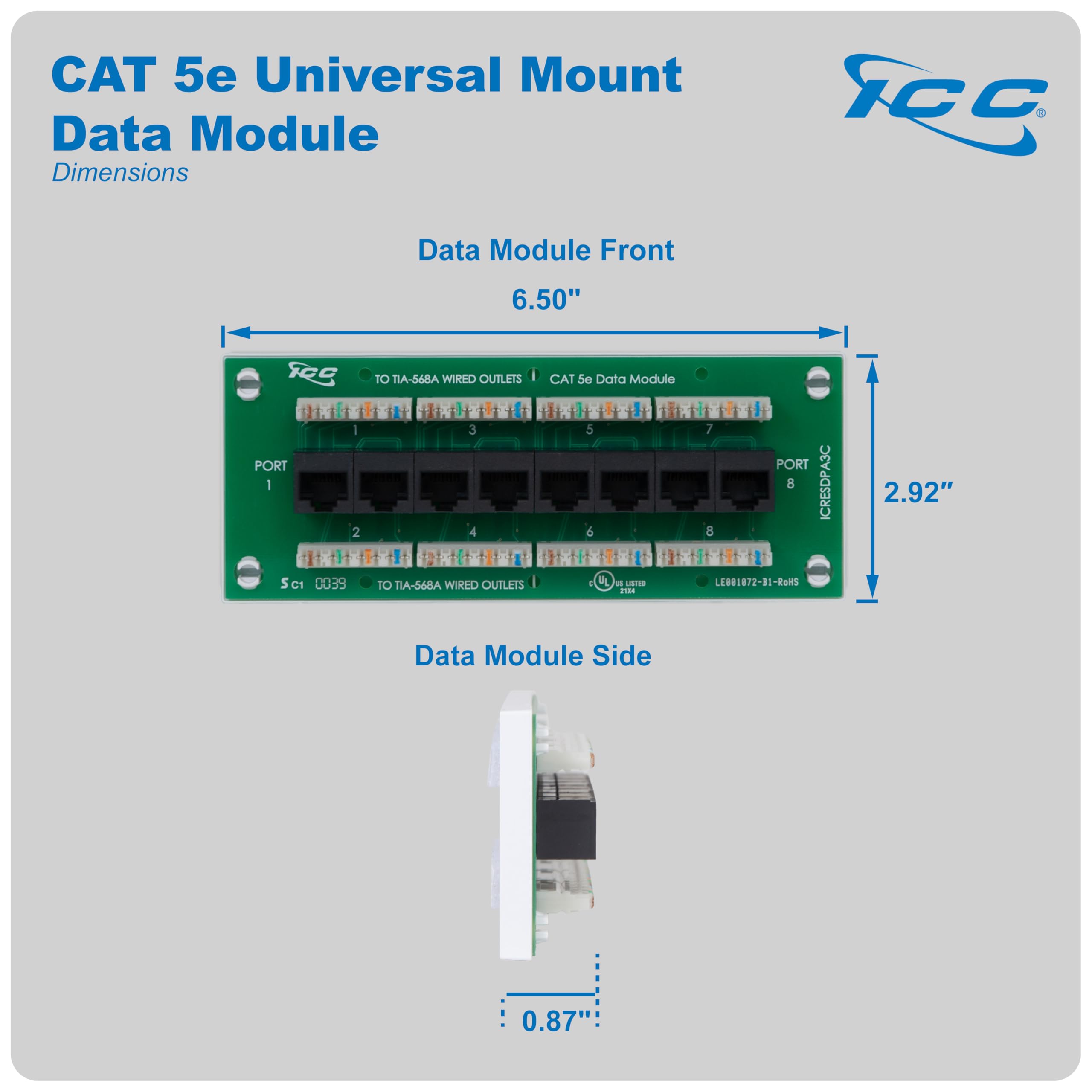 ICC CAT5e Data Module, 8 Ports, UL Listed & PoE++ Rated, Universal ...