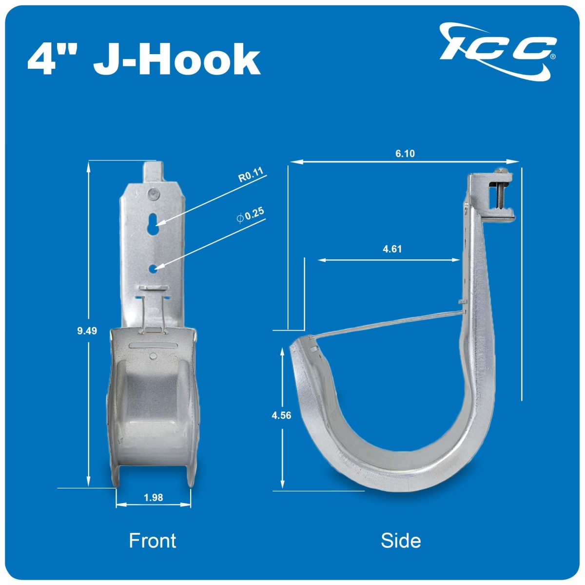 ICC Beam Clamp J Hook 4” with Retainer Clip - Galvanized Steel Cable ...